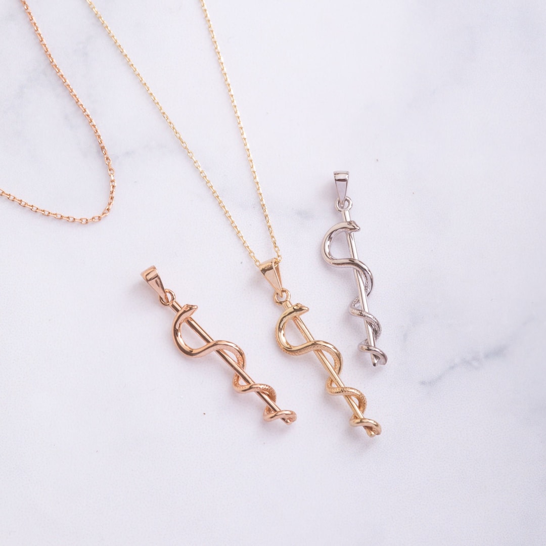 Solid Gold Rod of Asclepius Pendant Necklace, 14K 18K Gold Caduceus ...