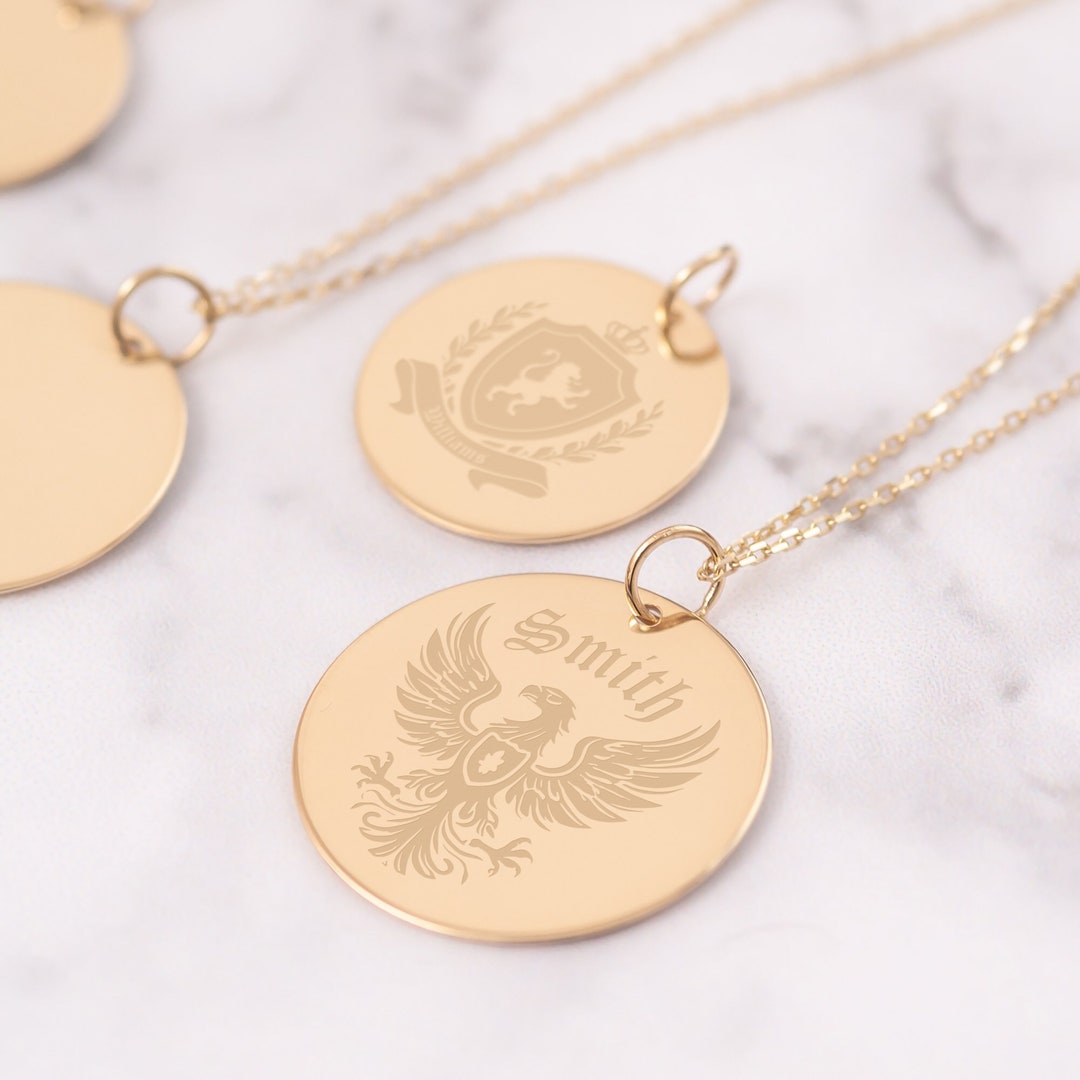 14K Gold Custom Family Crest Necklace - Engraved Coat of Arms Pendant ...