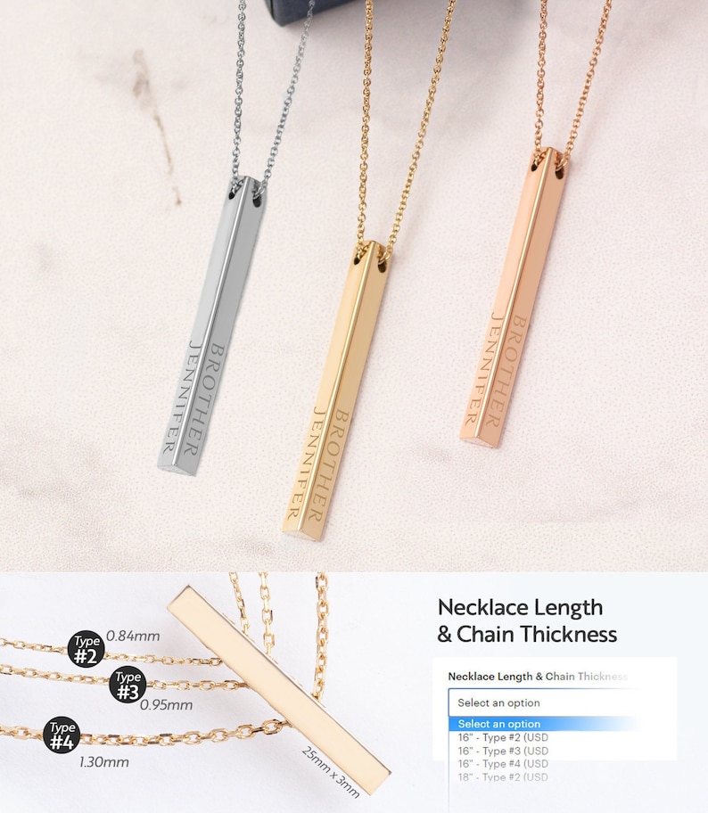 14K Solid Gold Personalized Triangle Bar Necklace, Three Sided Name ...