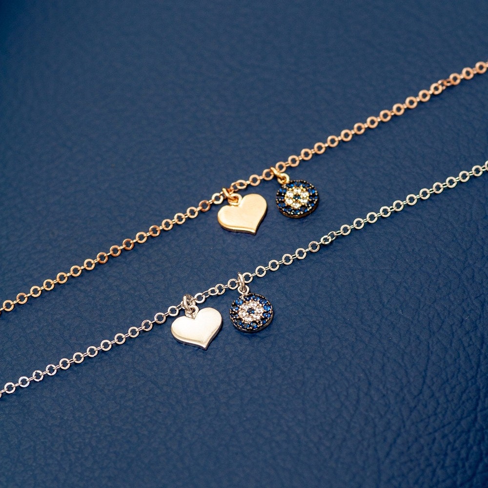 14k Gold Blue Evil Eye Chain Bracelet With Heart Charm, Dainty Evil Eye ...