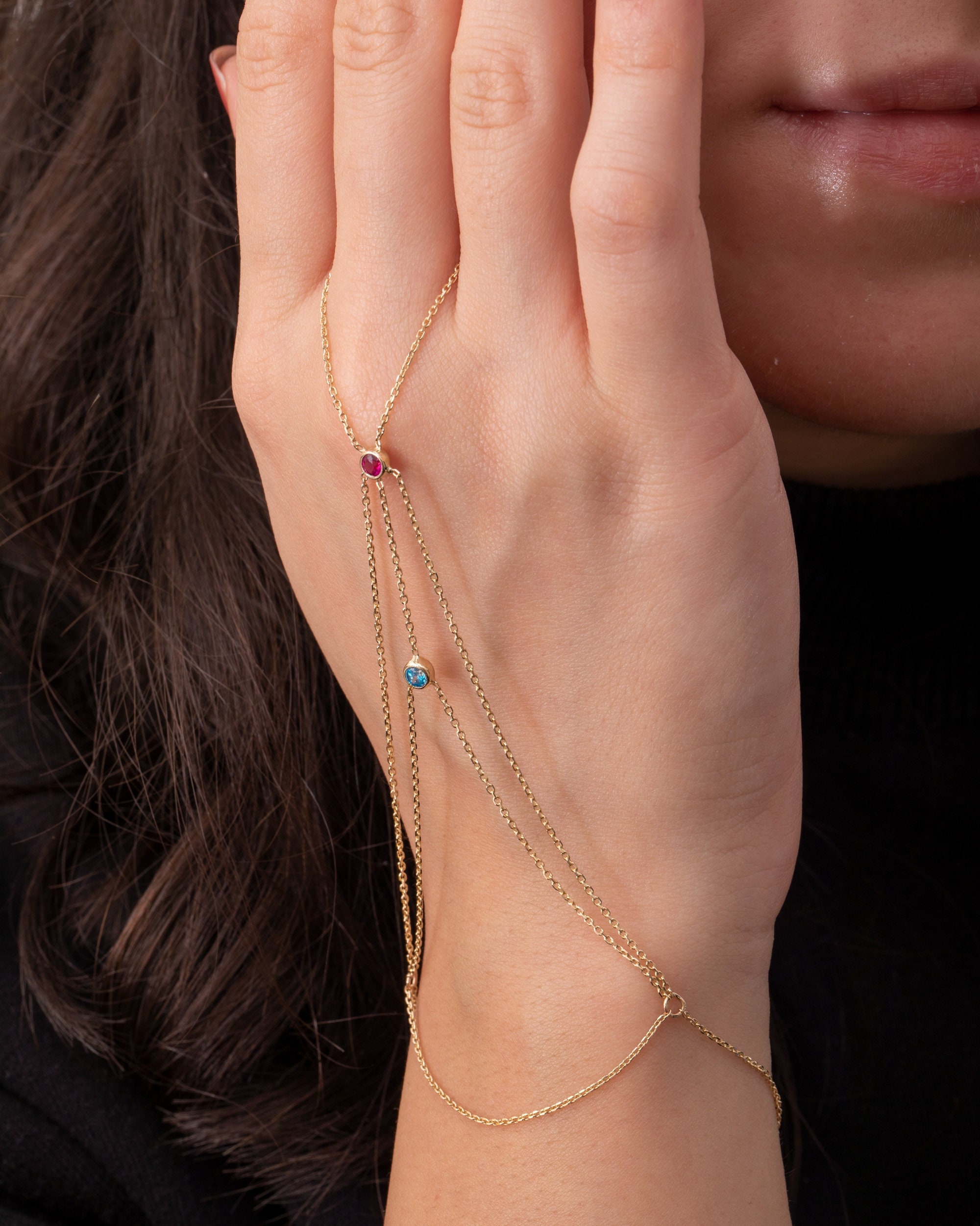 Hand Bracelet 14K 18K Solid Gold Cz Birthstone Hand Chain - Etsy