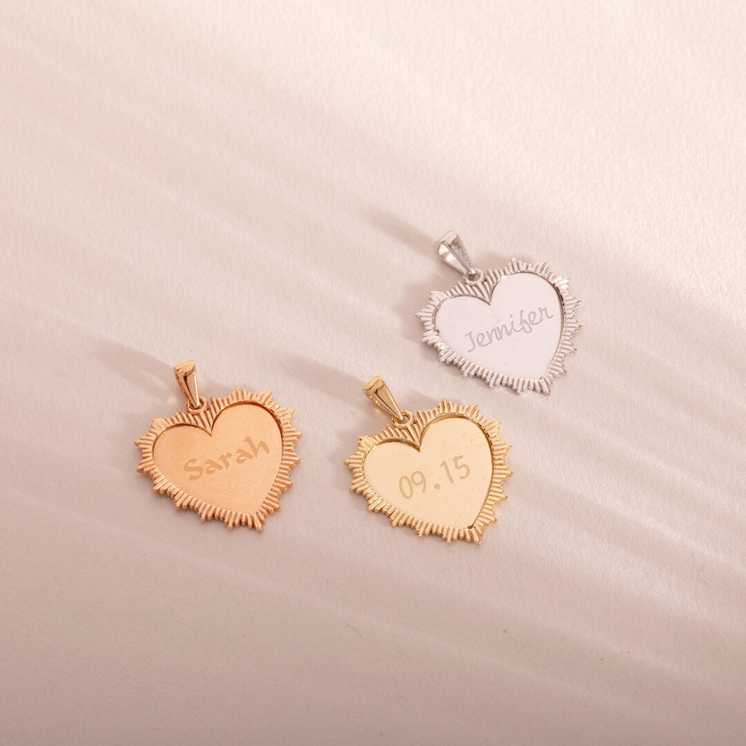 Custom Engraved Fluted Frame Heart Initial Pendant Necklace 14K 18K ...