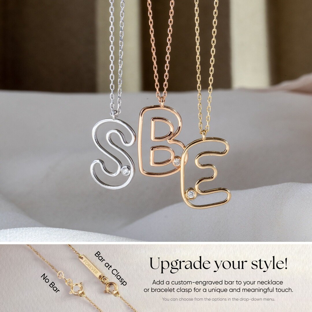 Genuine Diamond Alphabet Pendant, 14K 18K Real Gold A-Z Letter Necklace ...