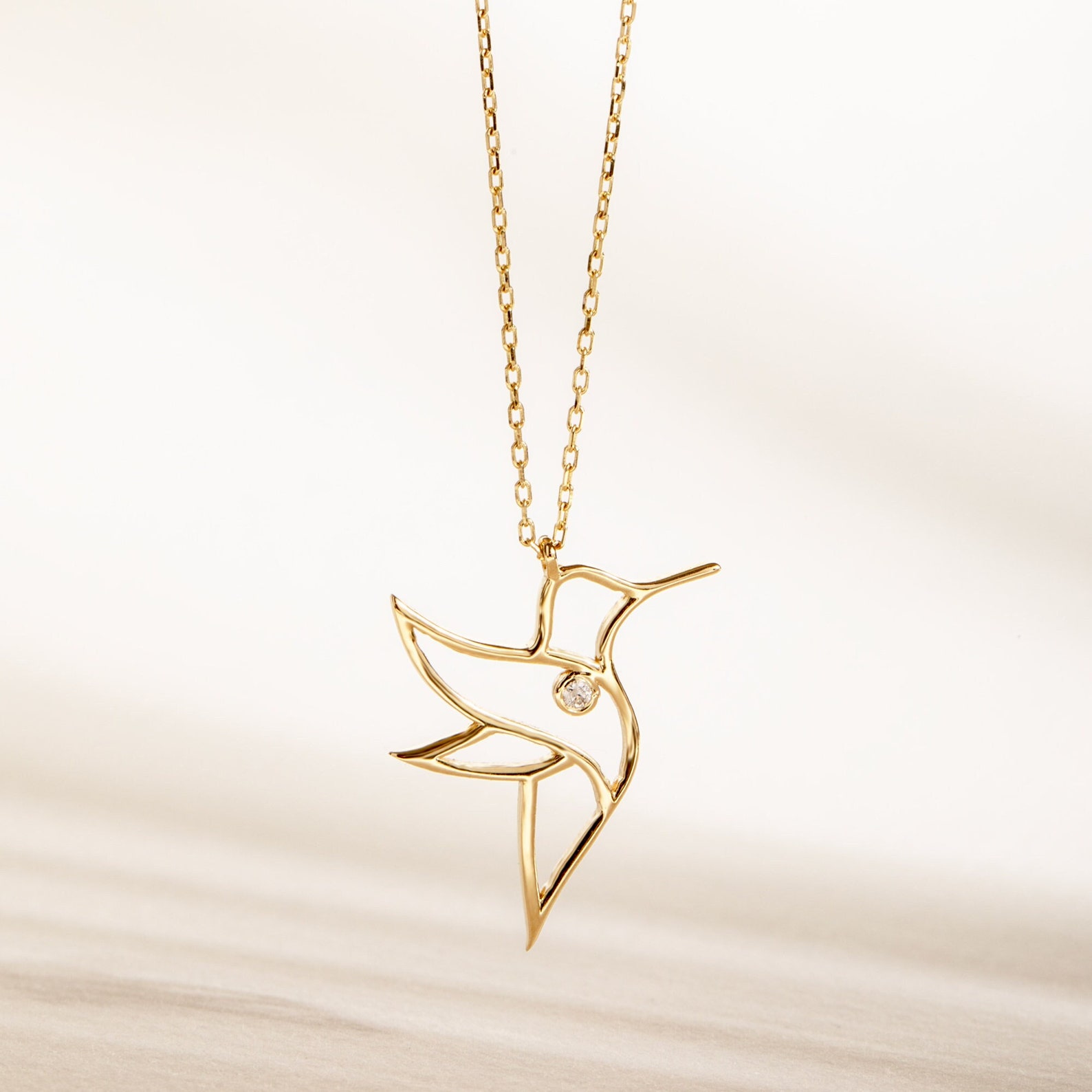 Diamond Hummingbird Pendant Necklace, 14k 18k Solid Gold Dainty ...