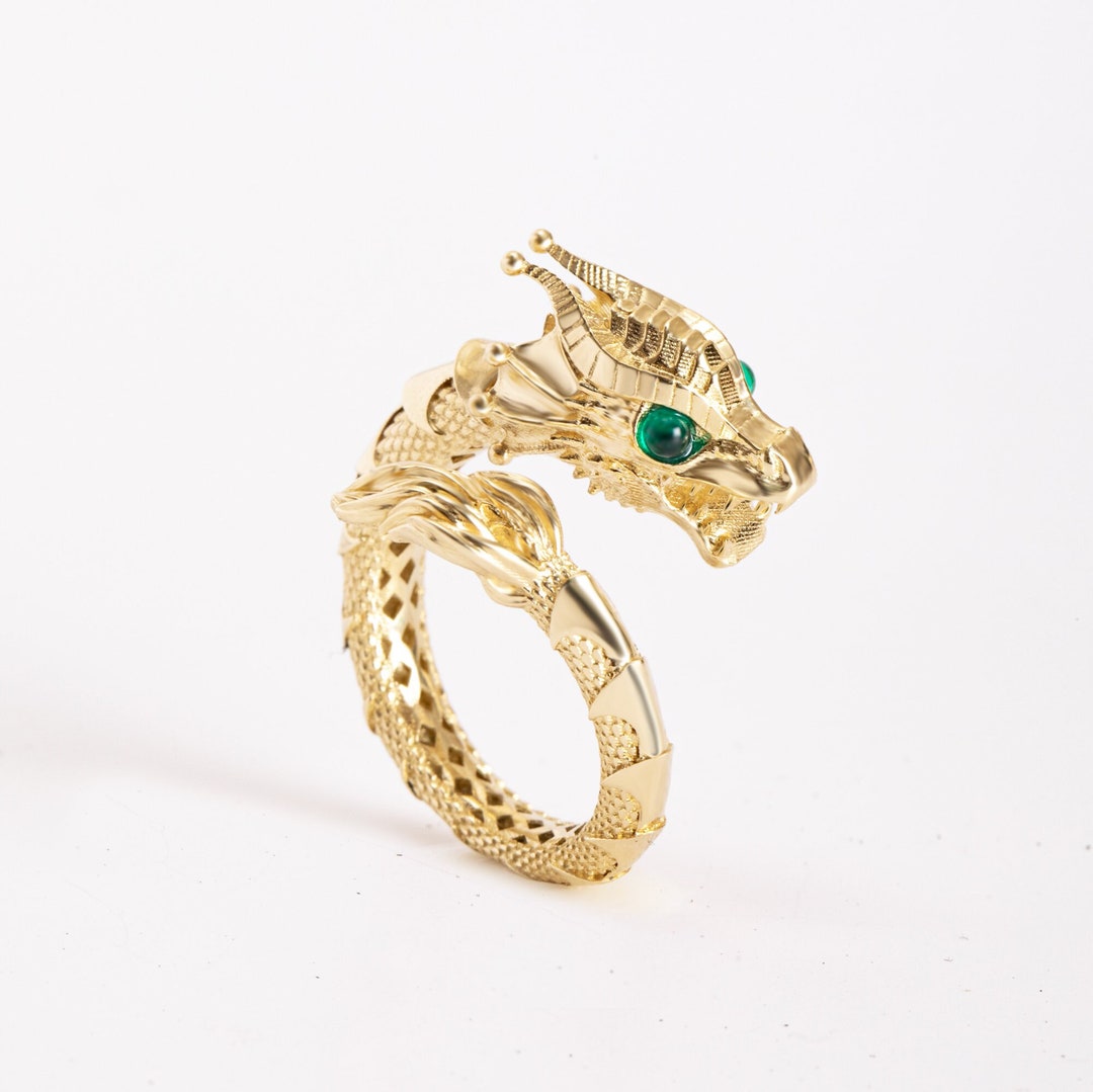 14K Real Gold Dragon Ring, Bali Dragon Head Hollow Ring, Real Gold ...
