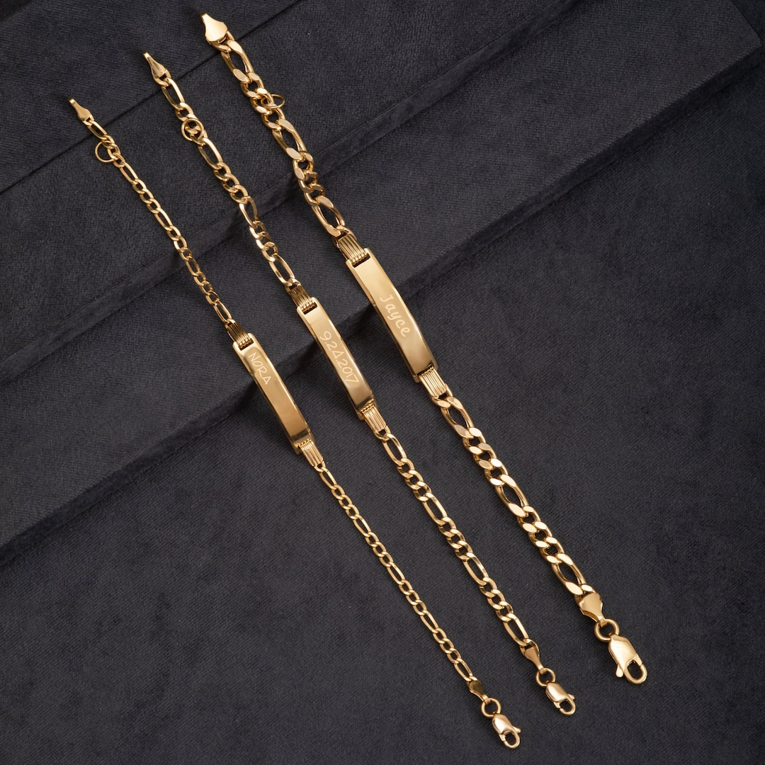 14K Real Gold Baby ID Figaro Chain Bracelet, Personalize Baby Girl Boy ...