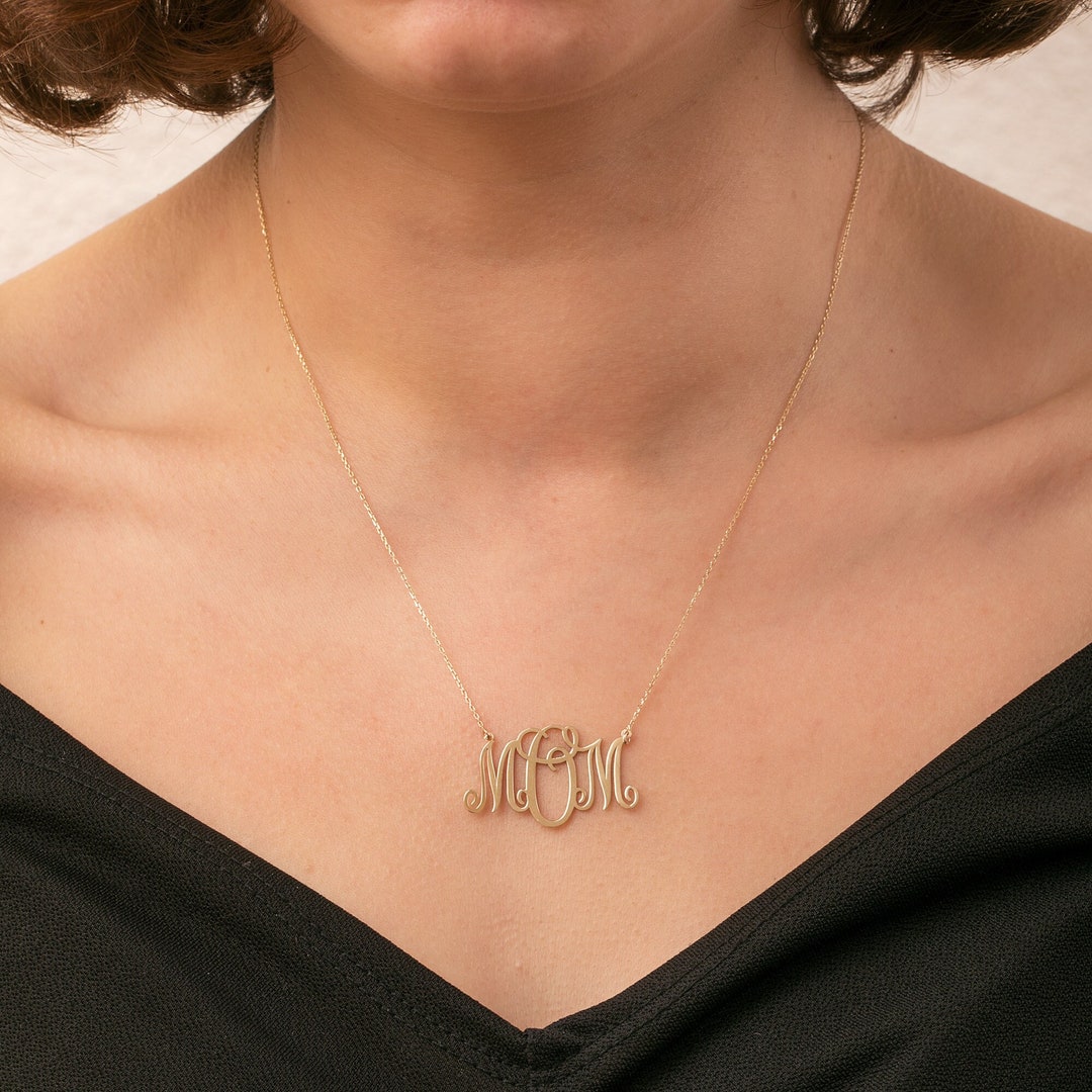 Mom Monogram Necklace in 14k 18k Solid Gold, Dainty Script Mom Gold ...