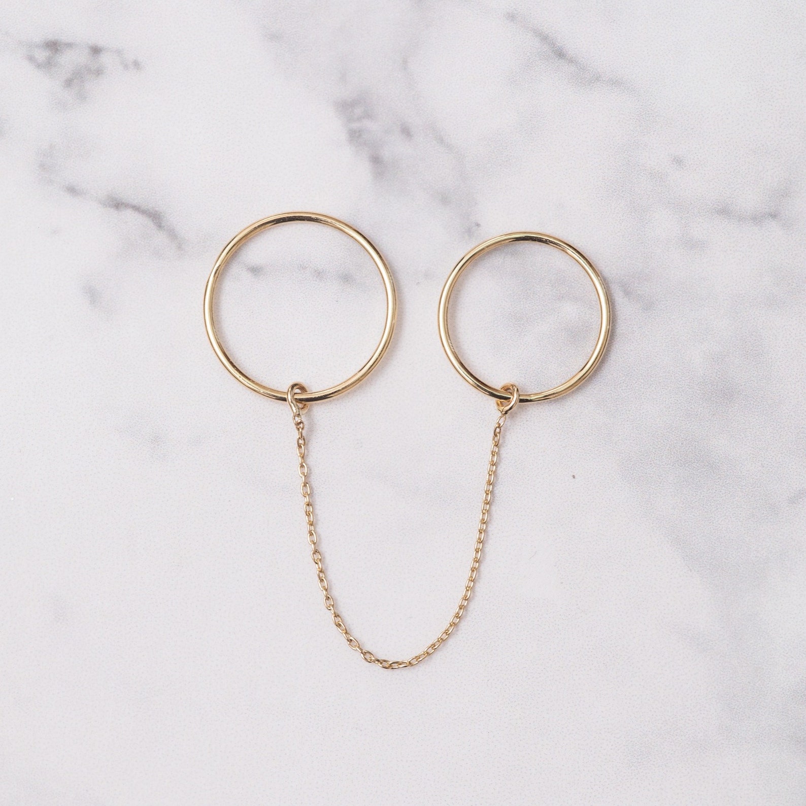 14k 18k Solid Gold Chain Linked Double Ring Double Finger - Etsy