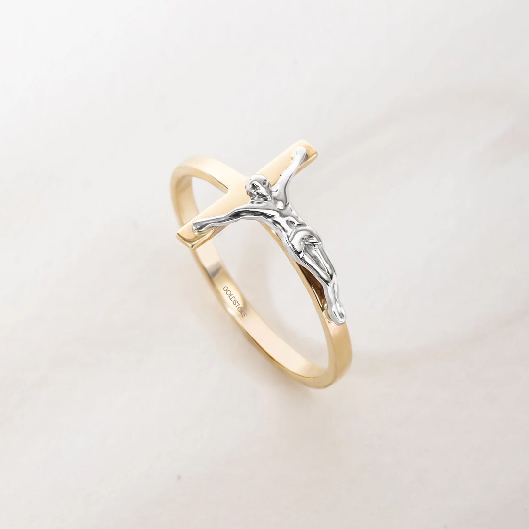 Crucifix Jesus Christ Ring, 10K 14K 18K Real Gold Two Tone Cross Ring ...