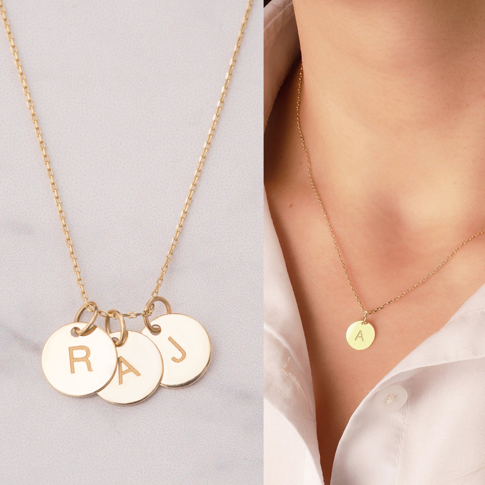14K Solid Gold Minimal Initial Disk Necklace Personalized - Etsy