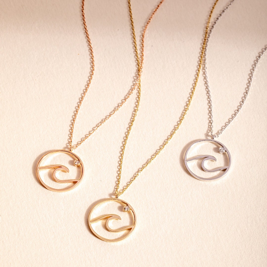 Ocean Wave Necklace, Dainty Beach Necklace, 14K 18K Real Gold Surfer ...