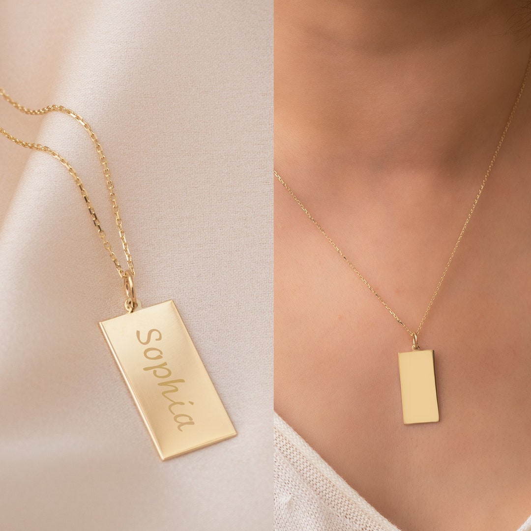 14k Solid Gold Custom Rectangular Tag Necklace, Personalized Name Charm ...