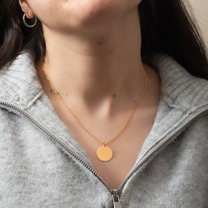 22K Solid Gold Custom Engraved Disk Necklace, Personalized Dainty Solid ...