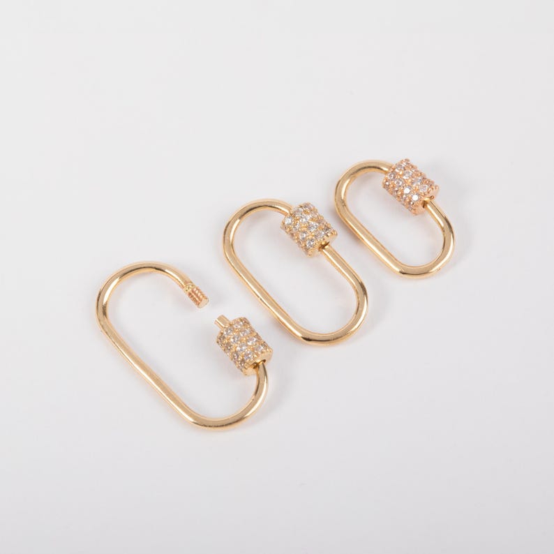 14K REAL Gold Oval Carabiner Charm Holder, Pave CZ Diamond Screw Clasp ...