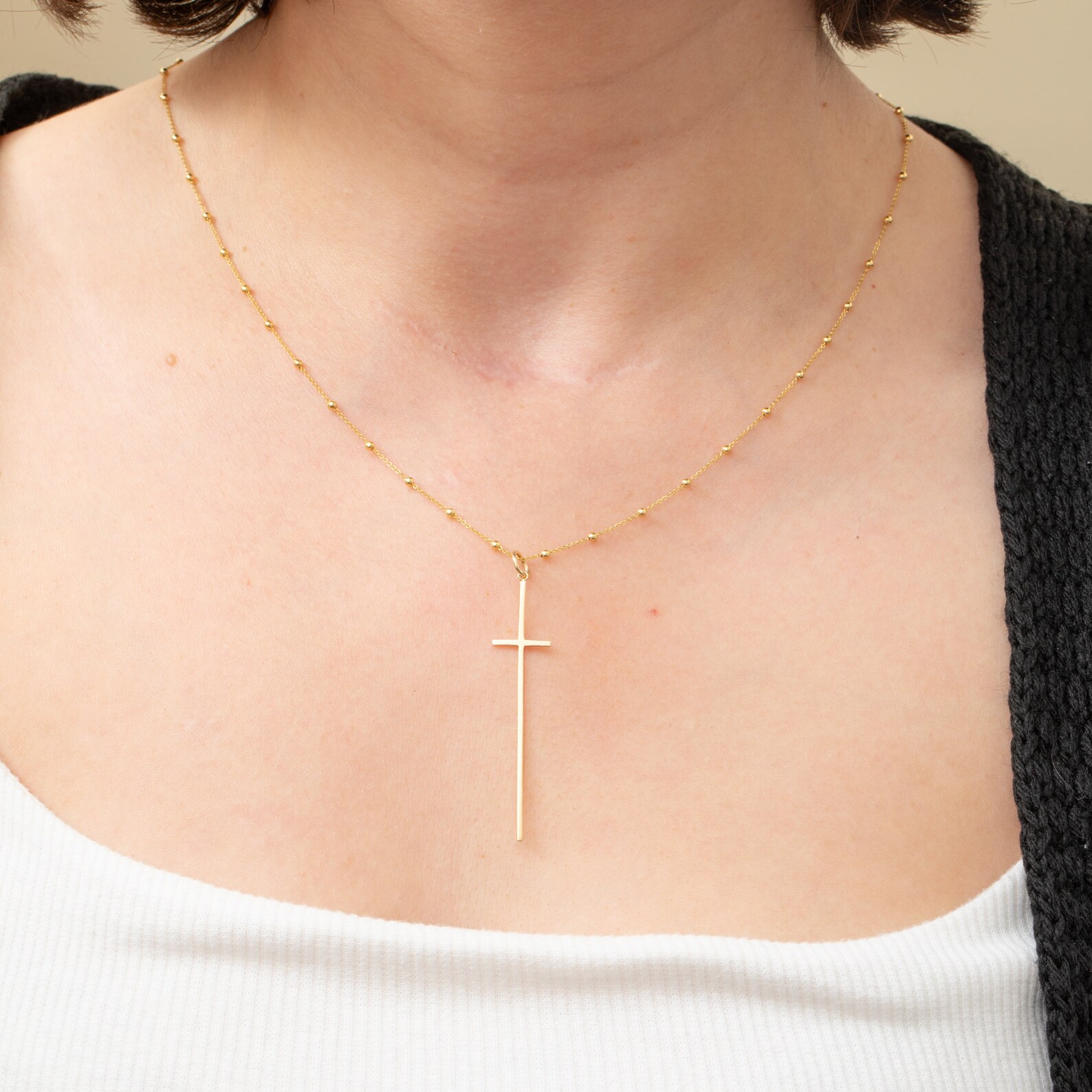 14k Gold Long Cross Pendant Necklace - Simple Modern Cross Necklace ...