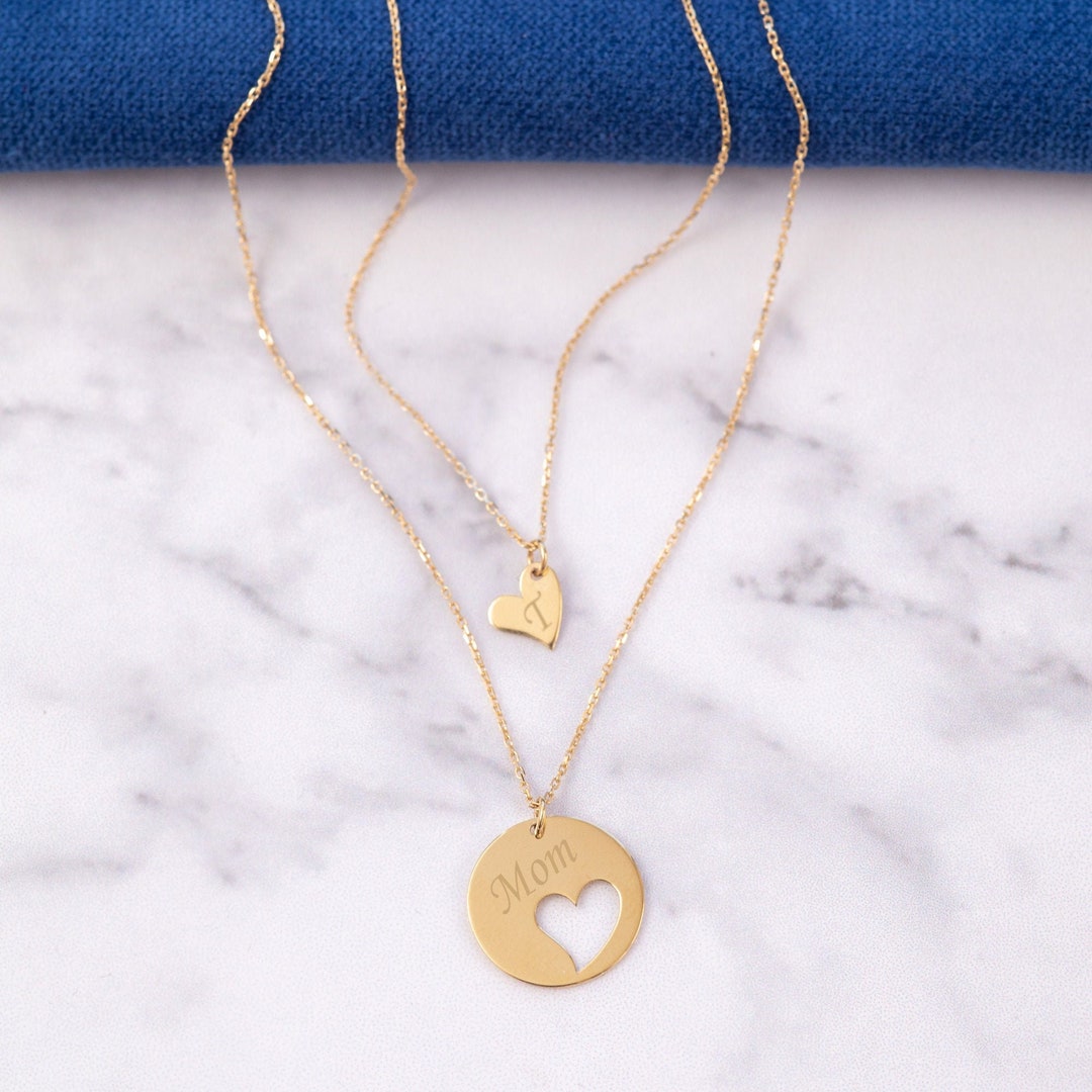 14k Solid Gold Mother Daughter Necklace Set, Custom Engrave Name ...