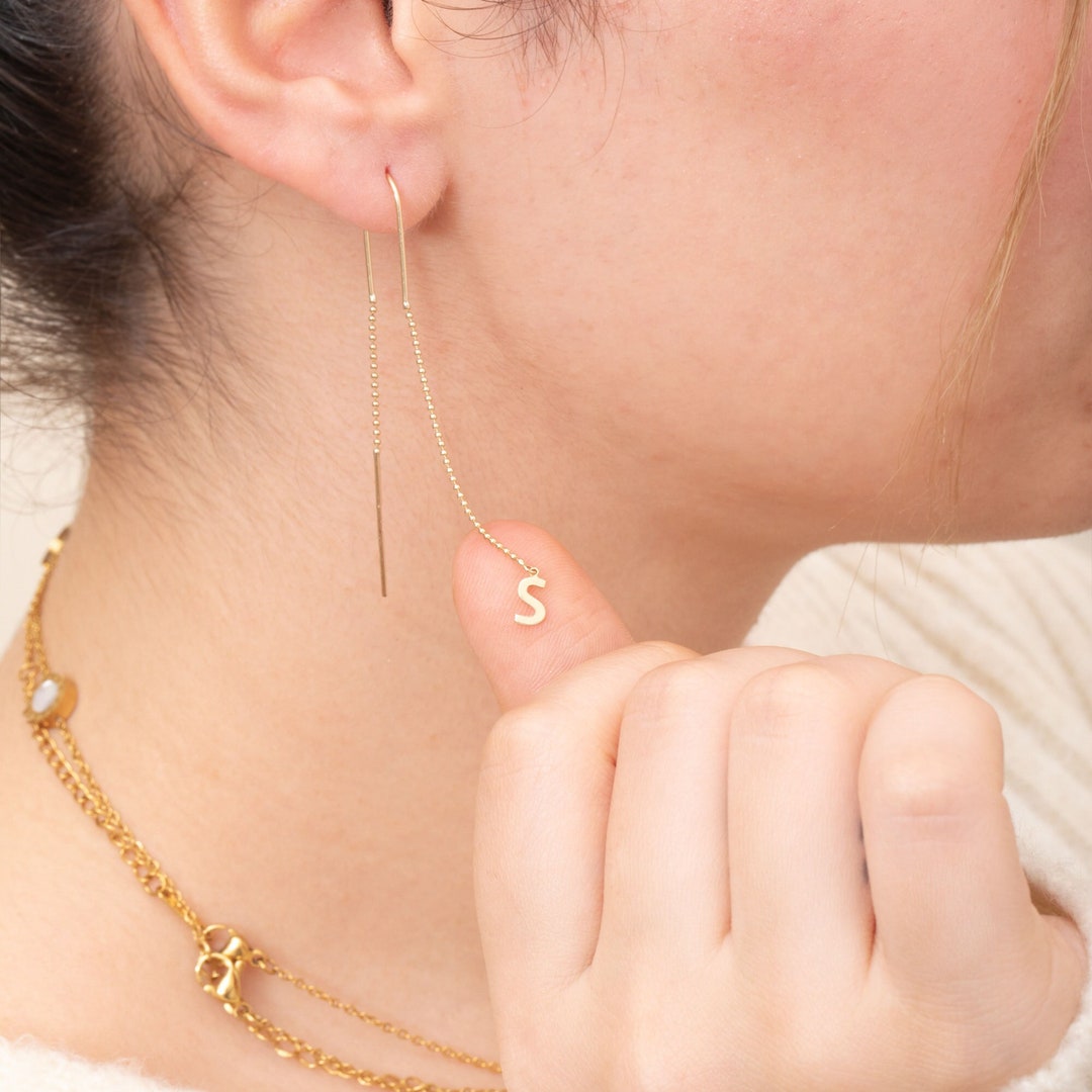 14K/8K Solid Gold Initial Bead Ball Chain Threader Earrings in Yellow, Rose, or White Gold ...