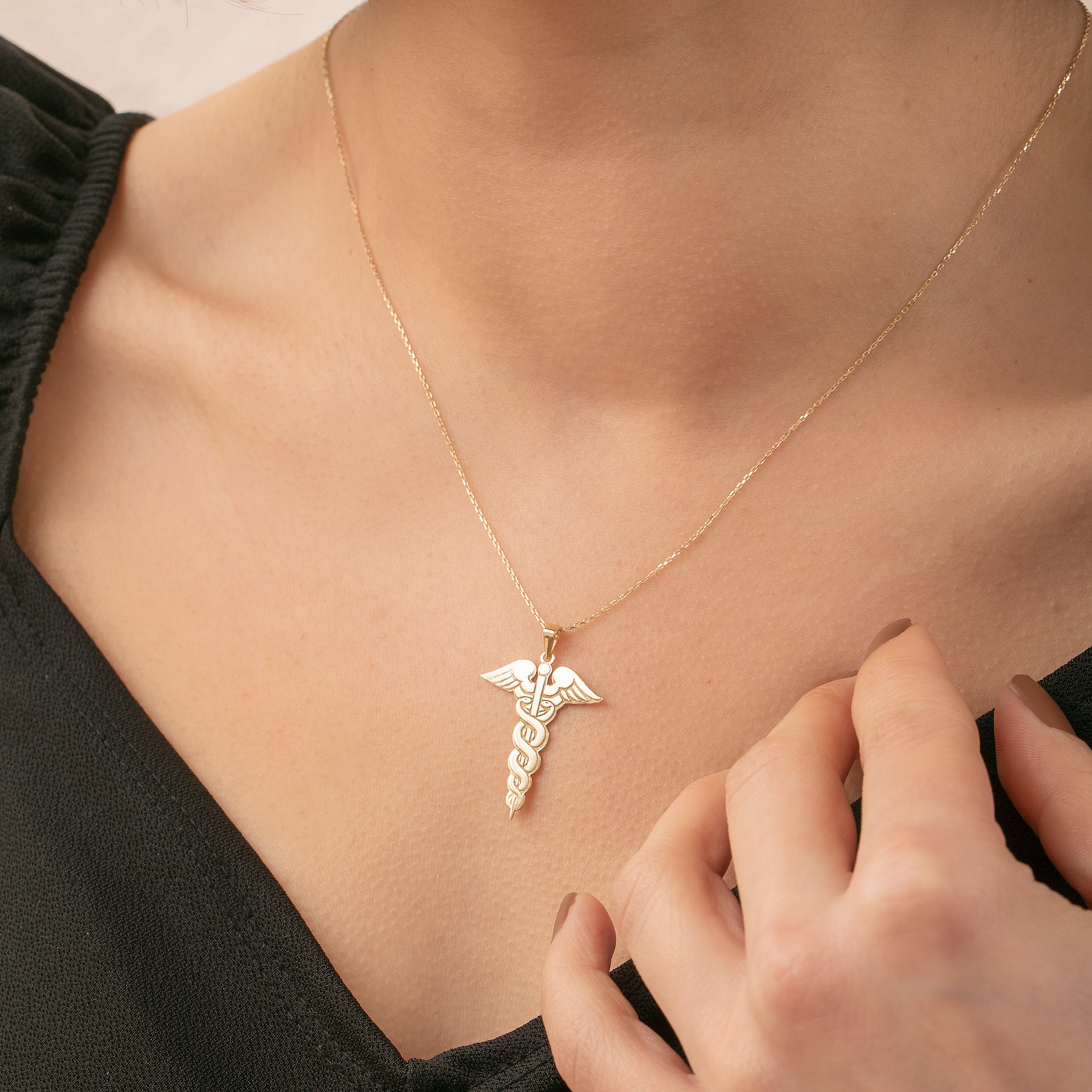 14K 18K Solid Gold Caduceus Necklace Caduceus Symbol of - Etsy