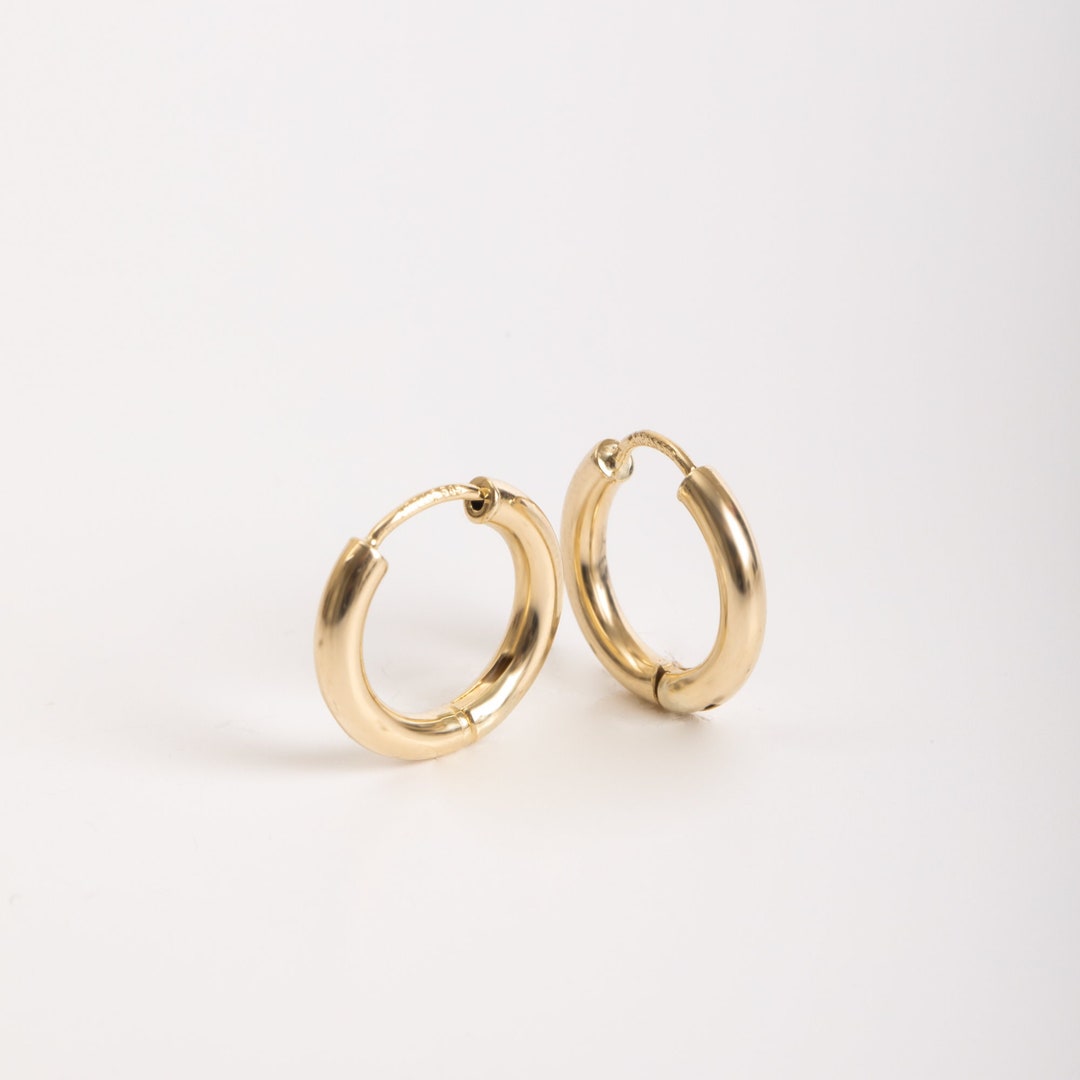 14K Yellow Gold Hinged Hoops Earrings - 2.5mm Round Plain Gold Huggies ...