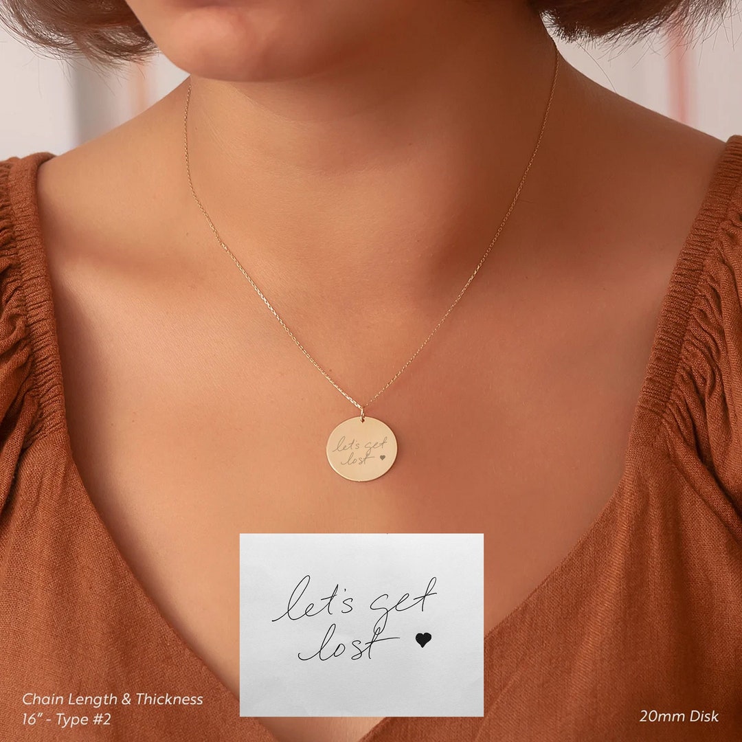 Engraved Actual Handwriting Pendant Necklace in 14k Solid Gold ...