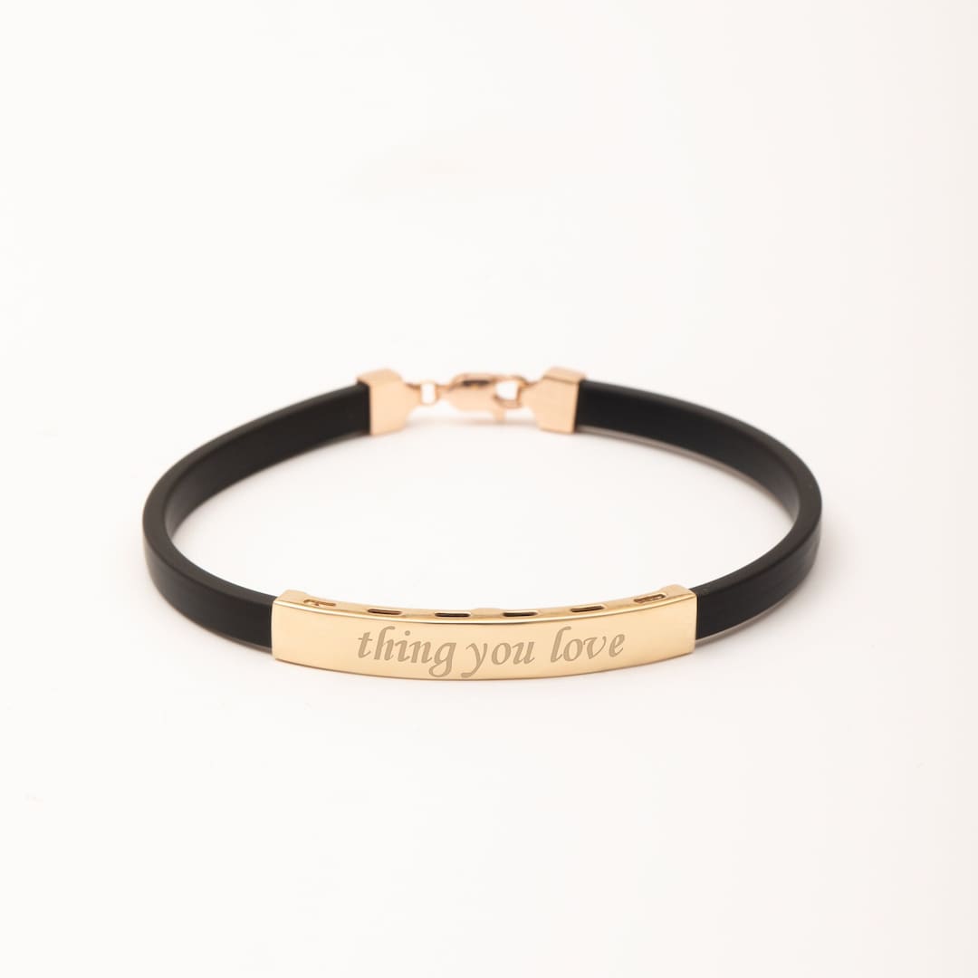 Men's Bar Bracelet in 14K 18K Real Solid Gold, Black Rubber Bracelet ...