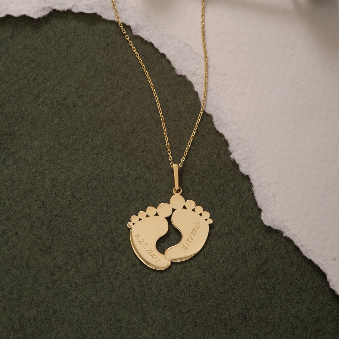 14k 18k Solid Engraved Baby Feet Necklace, Custom Name Date Engrave ...