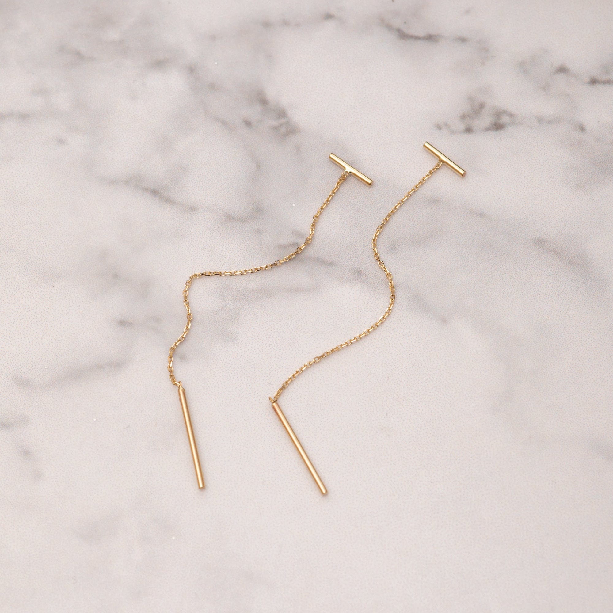 14k 18k Solid Gold Threader Bar Swing Earrings, Dainty Gold Dangling ...