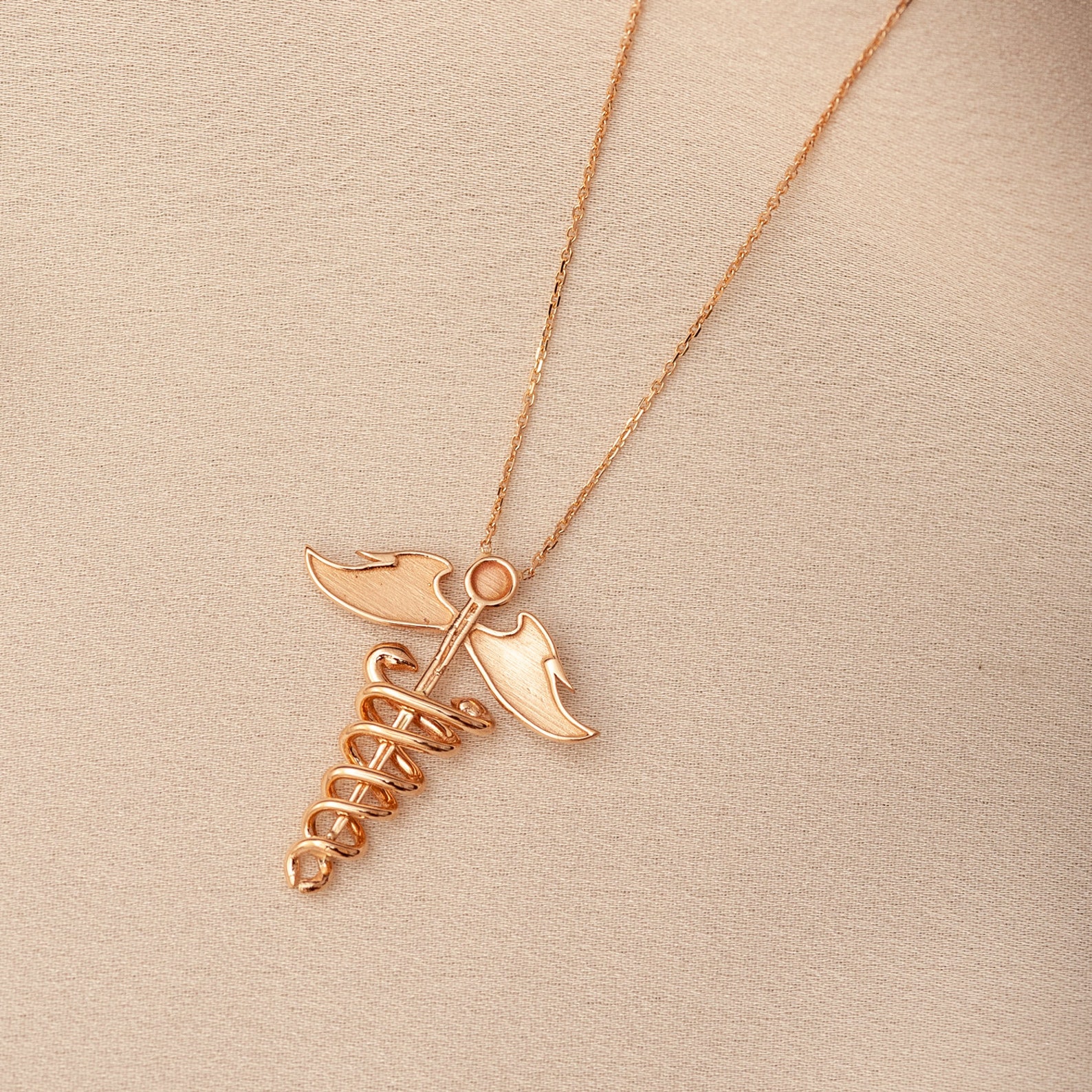 14K 18K Solid Gold Caduceus Necklace, Caduceus Symbol of Medicine Charm ...