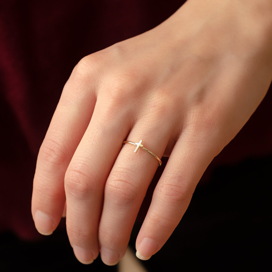 14K Solid Gold Tiny Cross Ring 18K Solid Gold Dainty and Cute - Etsy