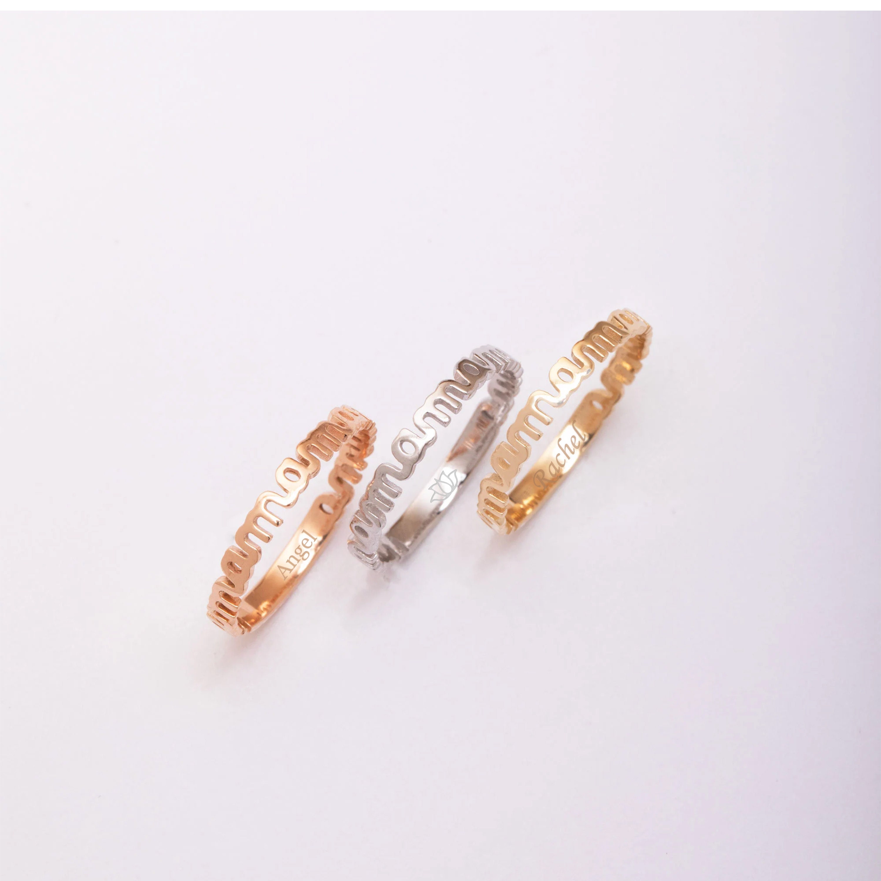Round Mama Ring in 14K 18K Solid Gold, Handwriting Script Mama Gold ...