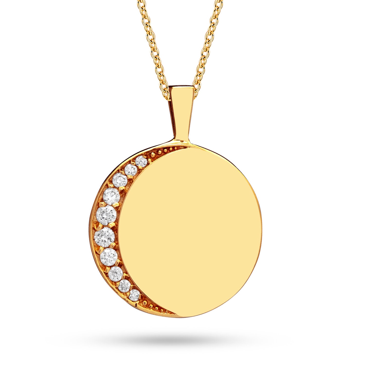 14K 18K Solid Gold Crescent Moon and Engraved Name Medallion | Etsy