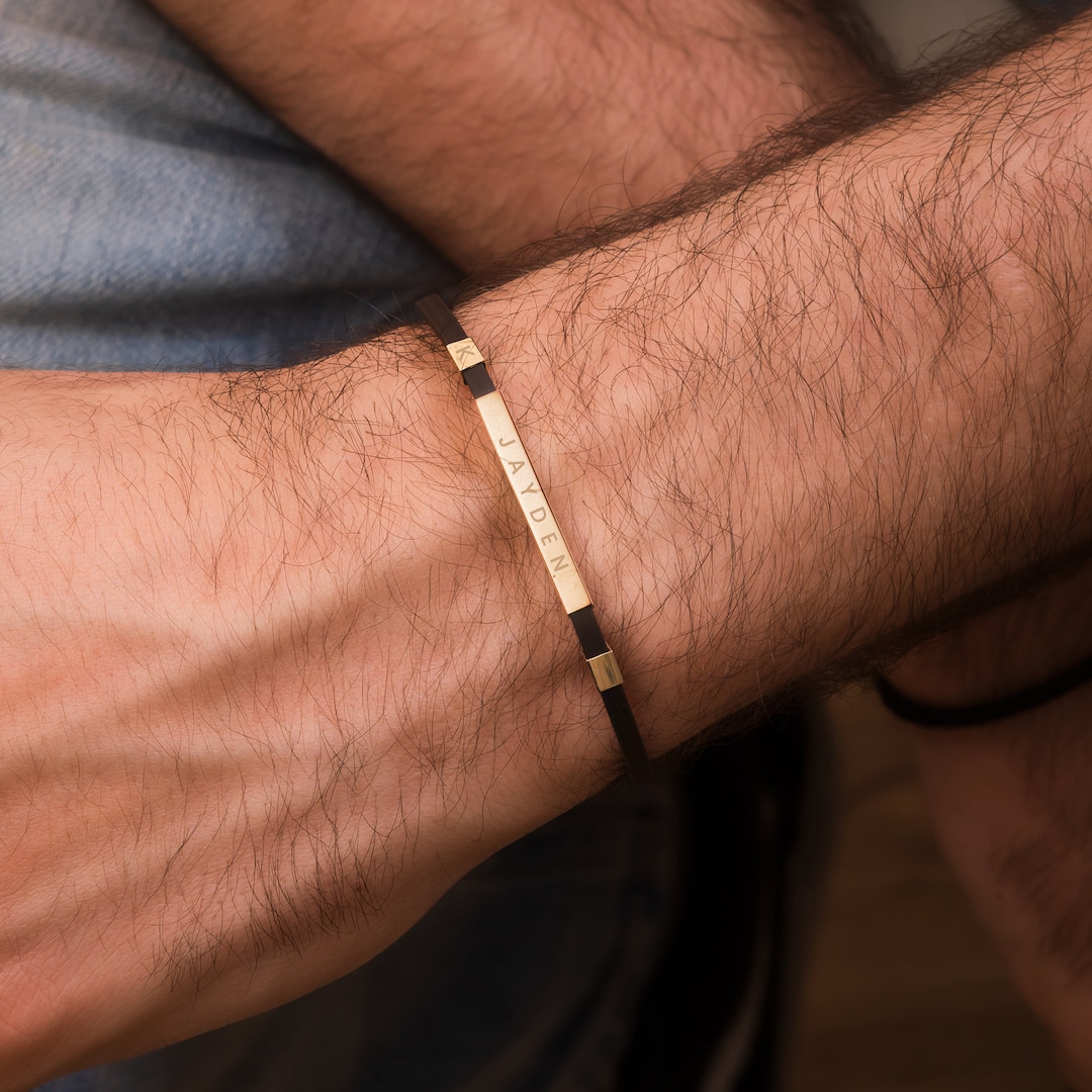 14K 18K Real Gold Personalized Bar Bracelet, Custom Engrave Men's ...