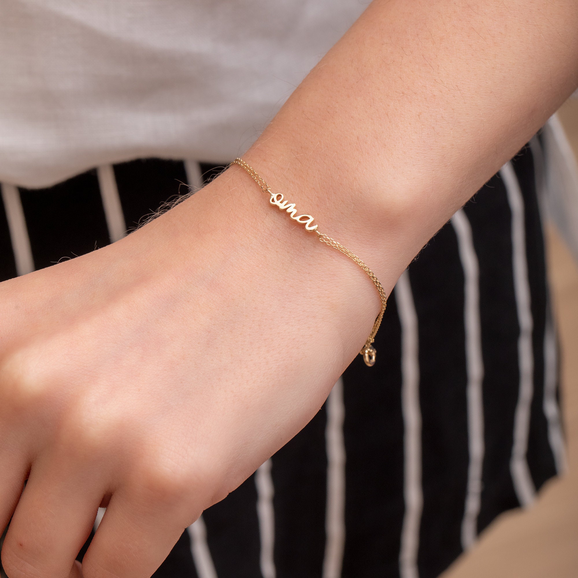 14k 18k Real Solid Gold Script Custom Name Bracelet, Double Row Chain ...