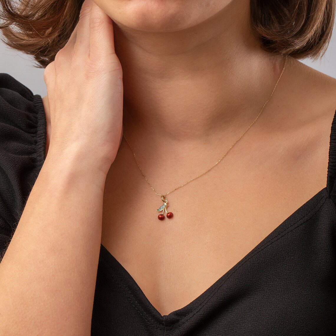 14K Solid Gold Cherry Necklace Dainty Red Cherries Pendant - Etsy
