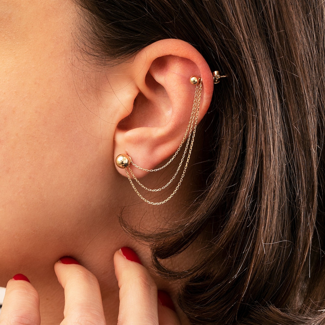 14K Solid Gold Triple Double Chain Earring Jacket, Double Triple Chain ...