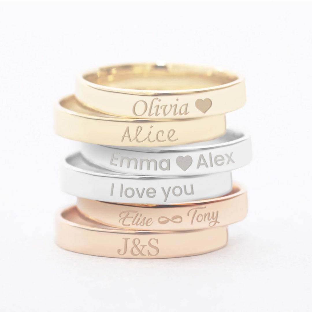 Stacked Name Rings 14K 18K SOLID Gold, Personalized Stacking Custom ...