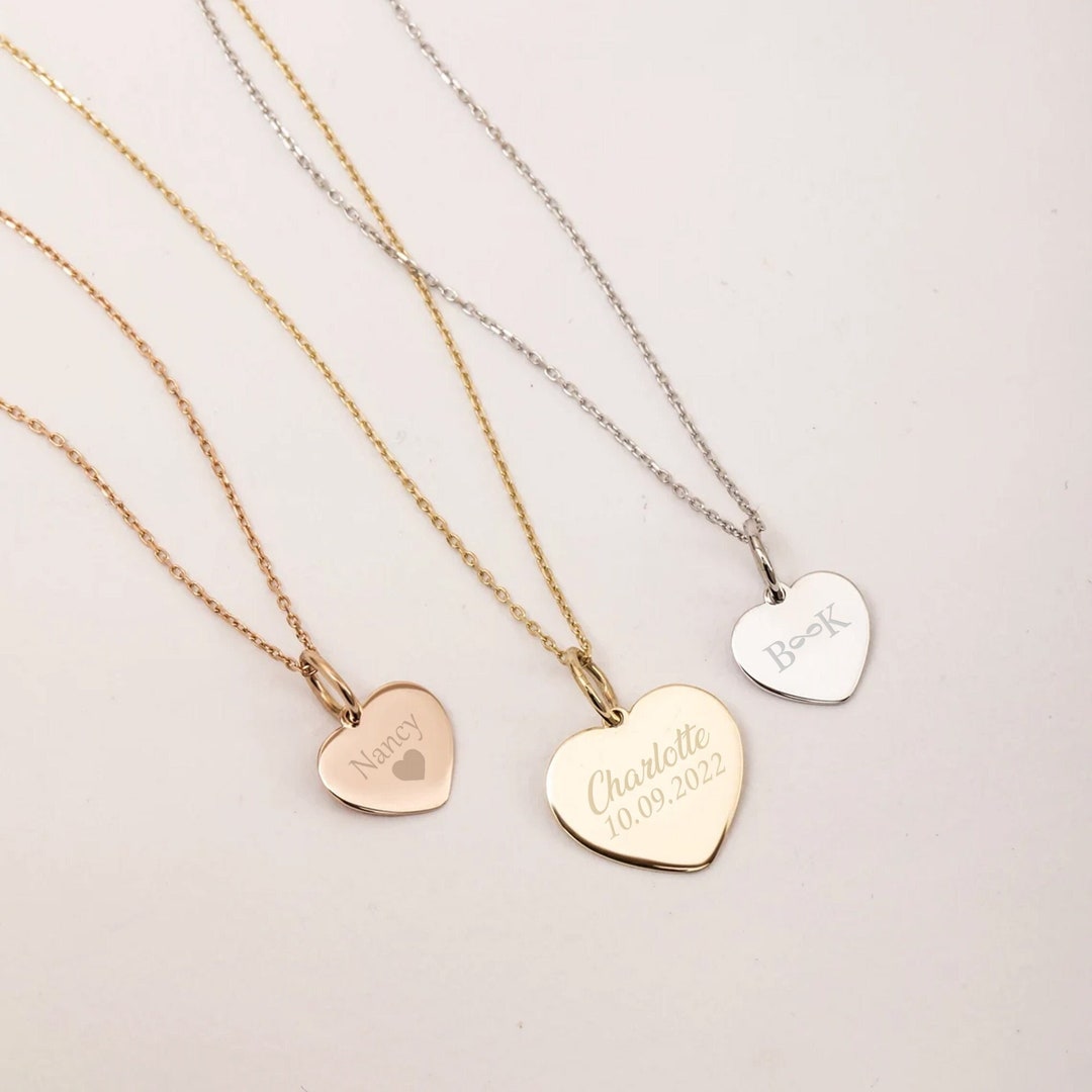14K 18K Solid Gold Custom Engraved Heart Necklace, Personalized Dainty ...