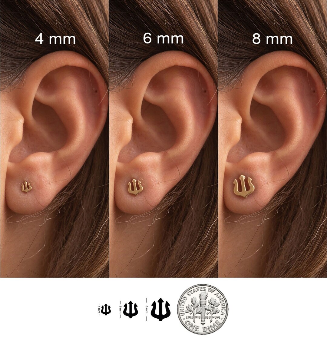 14k 18k Solid Gold Trident Studs Earrings, Real Gold Tiny Three Pronged ...