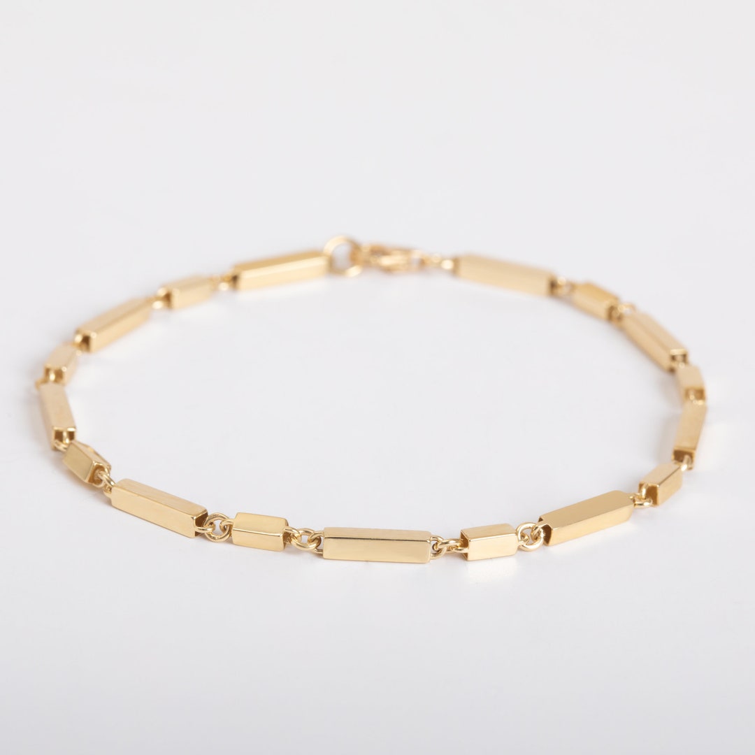 14k Yellow Gold Rectangular Link Bracelet - Square Tube Bar Link Chain ...