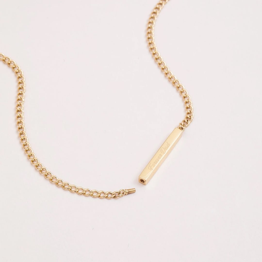 14K Real Gold Custom Cuban Chain Cremation Urn Bar Necklace, Cuban Curb ...