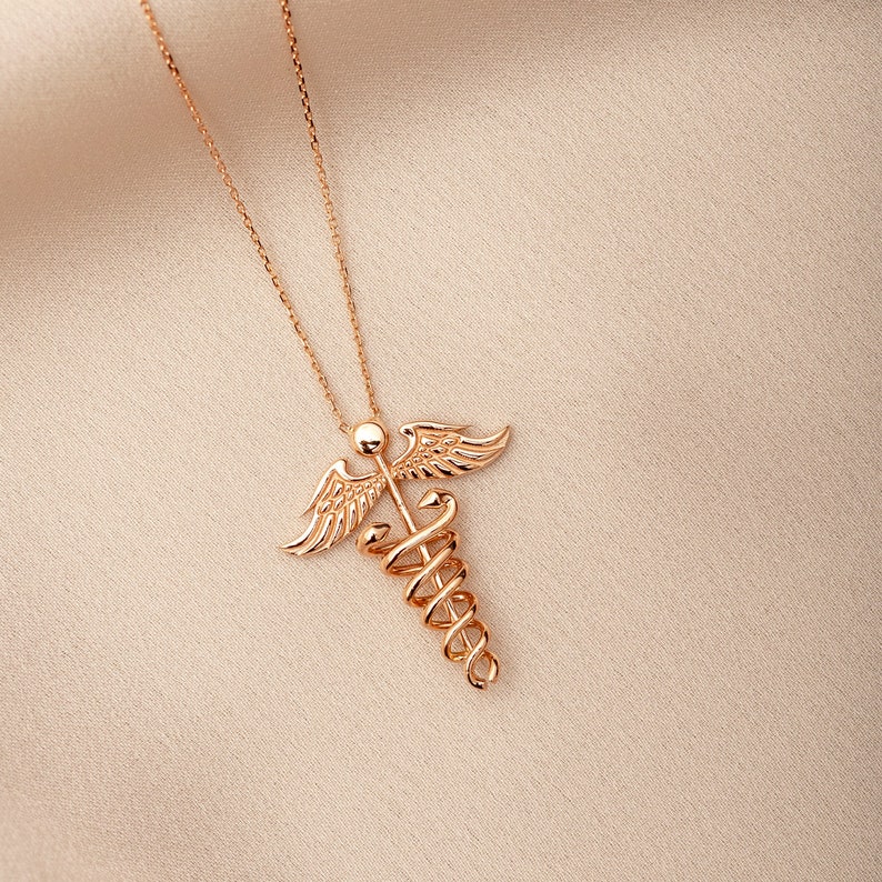 14K 18K Solid Gold Caduceus Necklace, Caduceus Symbol of Medicine Charm ...