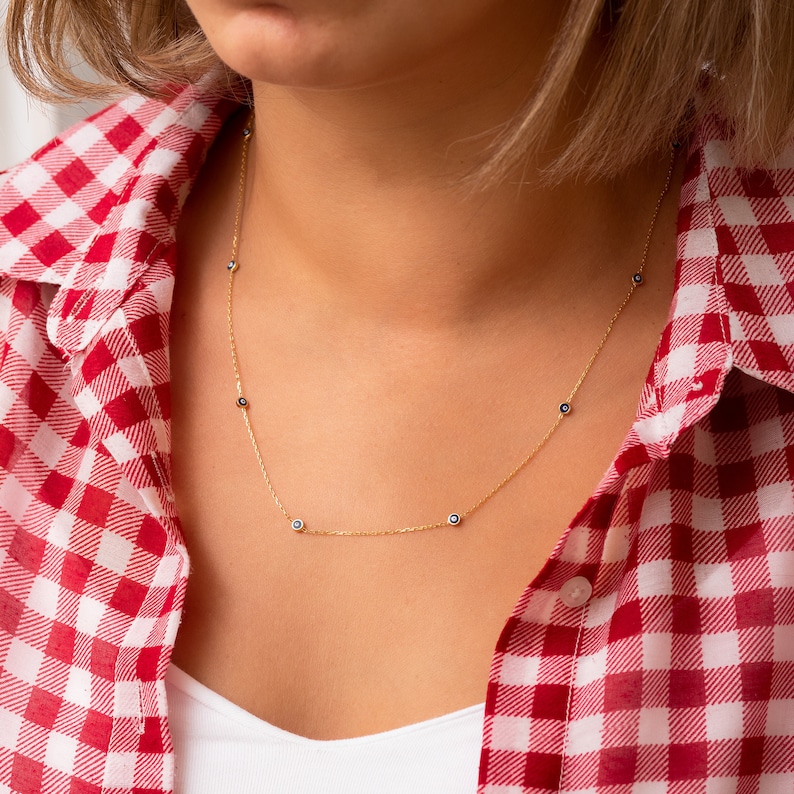 14k Gold Eye Station Necklace, Dainty Enamel Eye Station Real Gold ...