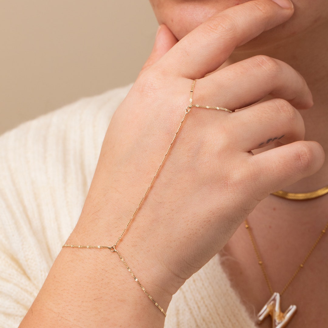 14K Solid Gold Dainty Hand Bracelet Yellow Gold Curb Chain Ring ...