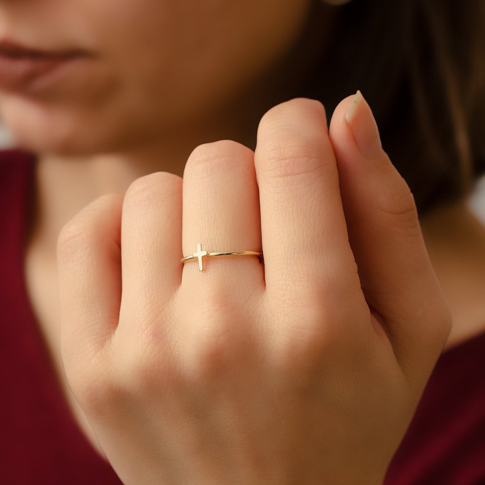 14K Solid Gold Tiny Cross Ring, 18K Solid Gold Dainty and Cute Cross ...
