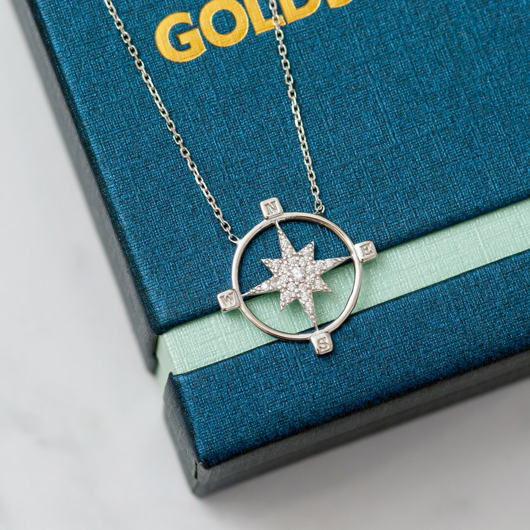 14k Solid Gold Compass Guidingstar Necklace, Dainty Polestar and ...