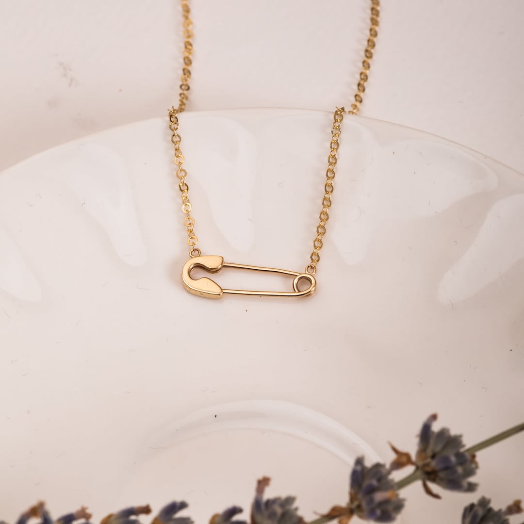 14k Real Solid Yellow Gold Safety Pin Necklace, Paper Clip Gold ...