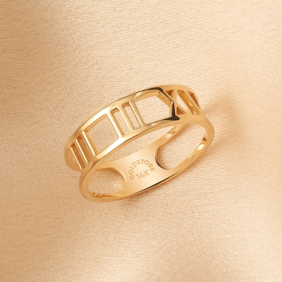 Real Gold Custom Roman Numerals Ring, Personalized Wedding Date Band in ...