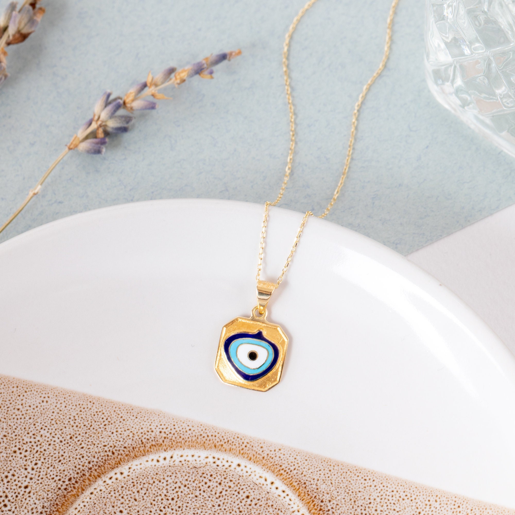 14k Solid Gold Square Evil Eye Necklace Dainty Square Shape - Etsy