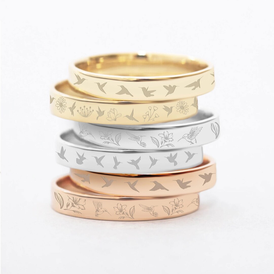 14K/18K Solid Gold Hummingbird Engraved Ring – Nature-inspired Jewelry ...