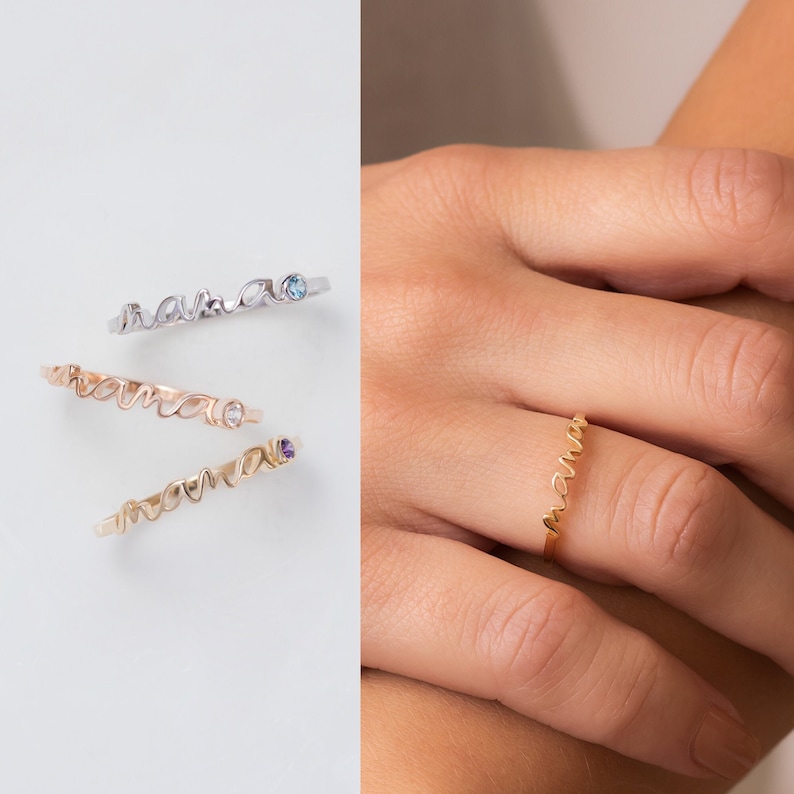 Dainty 10K 14K 18K Solid Gold Mama Ring, Handwriting Script Font Mama ...